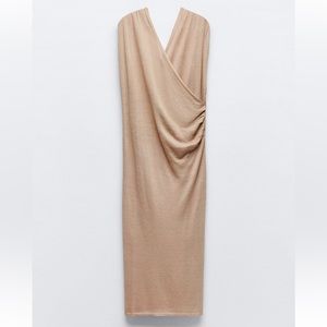 Zara | Dresses | Zara Linen Blend Ruched Knit Midi Dress Sand Color Nwt ...